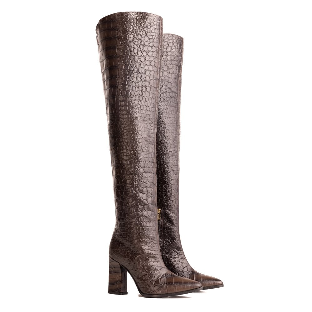 Roma Dark Brown Crocodile Over Knee Boots | Rosamund Muir